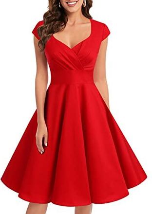 Bbonlinedress Robe de Soiree Femme Chic et Elégant Robe Courte Vintage Rockabily 1950s Robe pour Mariage Fête Cocktail Guinguette Pin up Col Carrée Red L