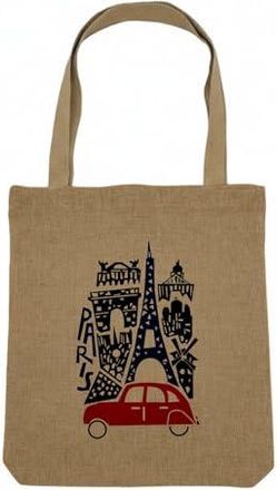 Fabulous Sac Shopping Tote Bag Aspect Lin - Paris Dessin Tour Eiffel Arc de Triomphe Voiture Vintage - Sac de Courses Toile Epaisse 360g Beige Naturel Cabas Po