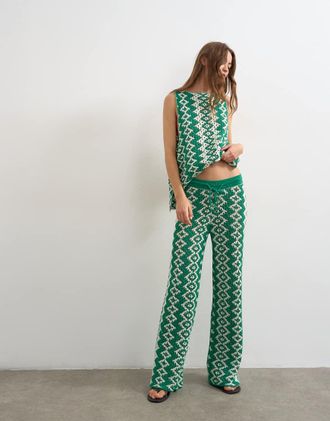 Topshop Gemusterte Hose aus H&auml;kelstrick in Gr&uuml;n und Wei&szlig;, Kombiteil-Mehrfarbig