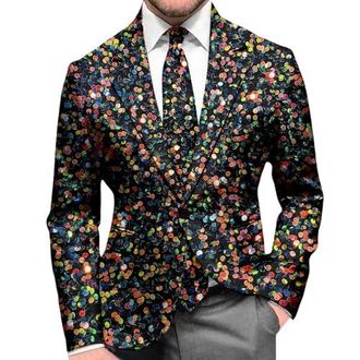 Generic Veste &agrave; paillettes pour homme - Imprim&eacute; multicolore - Costume de carnaval - Veste de costume slim fit - Avec motif cravate - Tenue de f&ecirc;te disco des a