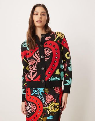 Never Fully Dressed Taillierte Strickjacke mit leuchtendem, abstraktem Muster, Kombiteil-Bunt