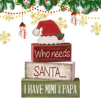 Generic Christmas Tiered Tray Decor - 4PCS Decor Set, 4 Pieces Wooden Santa Hat Tiered Tray Decorations | Who Needs Santa Holiday Block Signs and Table Decora