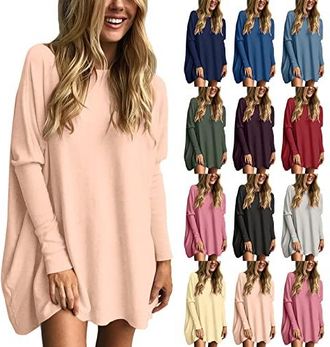 Generic T-shirt long pour femme &agrave; manches longues oversize, basique &agrave; manches longues, pull tunique, col rond, t-shirt &agrave; manches longues, haut d&eacute;contract&eacute;, co