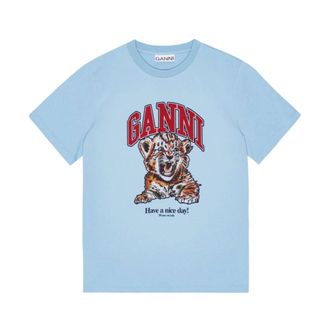 Ganni Femme, Tops, Bleu, Taille: 42 FR T-shirt en Coton Bleu Col Rond