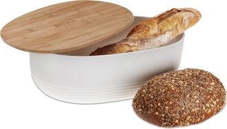 KELA Brotkasten wei&szlig; mit L&uuml;ftungsl&ouml;cher im Bambusdeckel 37,5x23x14cm, Brotbox Kunststoff, NAMUR, Brotaufbewahrungsbox