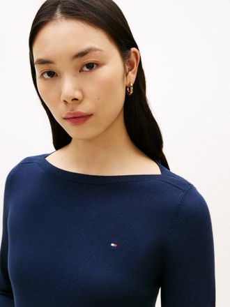 Tommy Hilfiger Strickpullover CO JERSEY STITCH BOAT-NECK SWEATER mit Tommy Hilfiger Logo-Flag am &Auml;rmel, Regular Fit