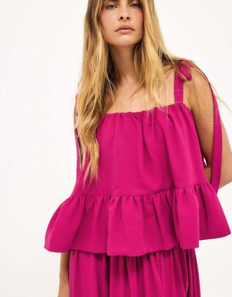 NA-KD Top &agrave; &eacute;paules nou&eacute;es et volants - Rose fuchsia