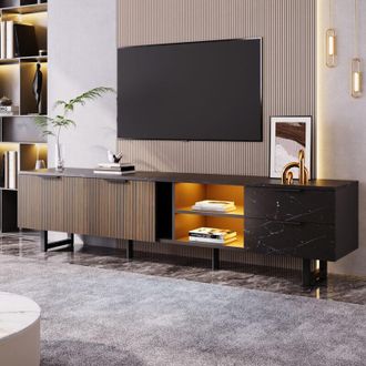 STILVORA Meuble TV avec 2 Portes, 2 Tiroirs et LED Multicolore, Effet Marbre Noir, en MDF, Noir et Bois, 200&times;38&times;50 cm