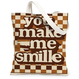 Generic Sacs fourre-tout vintage en toile à carreaux, motif texte amusant, sacs dépicerie réutilisables, légers et lavables en toile pour O, marron, 13x15 Inc