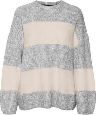 Vero Moda Vmnatahlie Ls O-Neck Pull GA Noos Tricot, Gris Clair chiné/Rayures : Bouleau, L Femme