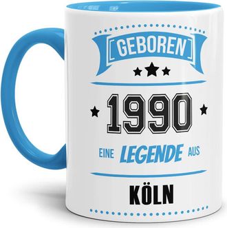 Tassendruck Geburtstags-Tasse Geboren 1990 Eine Legende aus K&ouml;ln Innen & Henkel Hellblau/Geschenk/mit Spruch/Mug/Cup/Becher/Qualit&auml;t Made in Germany
