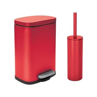 Spirella Set Poubelle à Pédale + Brosse WC en Acier AKIRA - Fermeture Douce Easy-Close, Revêtement Anti Trace de Doigts - 21,4 x 17,6 x 30 cm - 5L - Rouge Mat