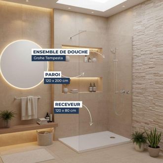 GROHE Dusch-Komplettset - Walk-In Duschwand 120x200 Chrom + Grohe Tempesta 3 Strahlarten + Gussmarmor-Duschwanne Wei&szlig; 120x80 (SAT120C)
