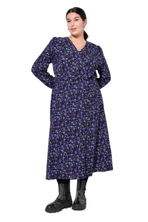 STUDIO UNTOLD Damen große Größen Übergrößen Plus Size Maxikleid, A-Linie, Wickeloptik, geblümter Krepp, Ballon-Langarm blauviolett 46+ 838055736-46+