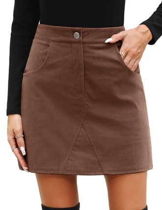Heekpek Damen Cordrock Minirock Hohe Taille Rock Damen Herbst Winter Mini Skirt Wickelrock A-Linie Business Rock Kurz mit Taschen, Kaffee, XXL