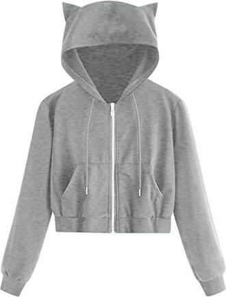 Generic Sweat &agrave; capuche avec oreilles de chat pour femme - Imprim&eacute; chaton de couleur unie - Haut fin 2025 - Fermeture &eacute;clair - Style d&eacute;contract&eacute; - Manches lon