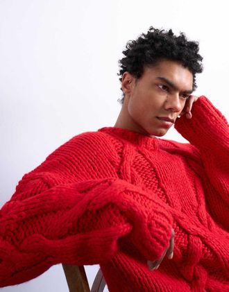 Topman Handgestrickter Pullover mit Zopfmuster in Rot mit regulärer Passform