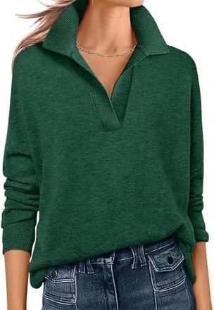 Generic Polo &agrave; manches longues et col en V pour femme - L&eacute;ger - D&eacute;contract&eacute; - Pour le travail et les affaires, Vert, 3XL