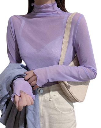 Minetom Langarmshirt Damen Sexy Mesh Oberteile Langarm Durchsichtige T-Shirt Rollkragen Transparent T&uuml;ll Hemd Shirt Casual Bluse Party Tops C Violett XL
