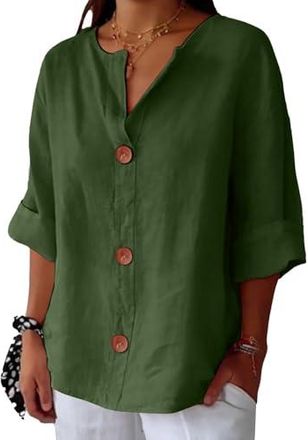 Generic Chemise boutonn&eacute;e en coton et lin &agrave; manches 3/4 pour femme, col en V, uni, coupe ample, tenue dautomne, Vert, 5XL