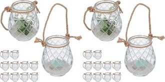 Relaxdays Windlicht, 12er Set, Glas, Henkel aus Hanfseil, innen & au&szlig;en, Teelichthalter, 10 x 8,5 cm, transparent/Natur (Packung mit 2)