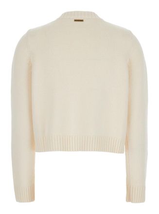 Michael Michael Kors Womens White Wool Crewneck Cardigan With Ribbed Trims Merino Tops Top