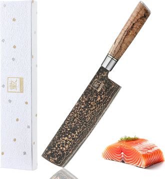 Zayiko BlackMagma Damastmesser Nakiri I 18 cm Klinge aus Damaststahl mit Kupfer & Bronze sowie Ahornholzgriff I Edles Damast Küchenmesser in Geschenkbox