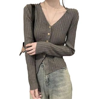 Generic Cardigan court &agrave; manches longues et col en V pour femme, gris, Taille XS