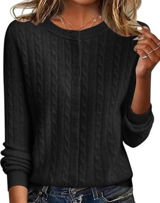 Minetom Gilet Femme Cardigan L&eacute;ger &Agrave; Manches Longues Col Rond D&eacute;contract&eacute; Boutons Tricot Torsad&eacute; Cardigan Pull A Noir M