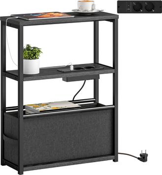 HOMCOM Beistelltisch schmal mit Steckdosenleiste USB & Type-C, Nachttisch mit 2 Ablage, Stoffschublade, Zeitschriftenhalter, Couchtisch f&uuml;r Kleine R&auml;ume, 45 