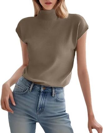 Generic Haut sans manches &agrave; col montant pour femme, coupe ajust&eacute;e, doux, extensible, d&eacute;contract&eacute;, pour l&eacute;t&eacute;, le quotidien, le bureau, beige, XL