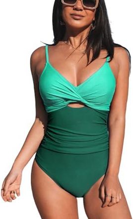 Cupshe Maillot de bain une pièce pour femme - Découpes torsadées sur le devant - Bretelles réglables - Maillot de bain froncé, Bloc de couleur verte, Taille 