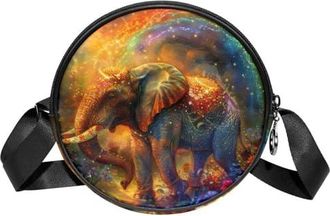 Generic Petit sac &agrave; bandouli&egrave;re rond pour femme, motif &eacute;l&eacute;phant, arc-en-ciel, floral, avec fermeture &eacute;clair, bretelles r&eacute;glables, sac &agrave; main rond d&eacute;contract&eacute; 
