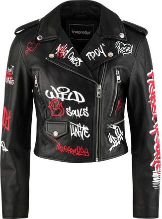 Trueprodigy Lederjacke Noka Graffitiprint, Rei&szlig;verschluss und Reverskragen