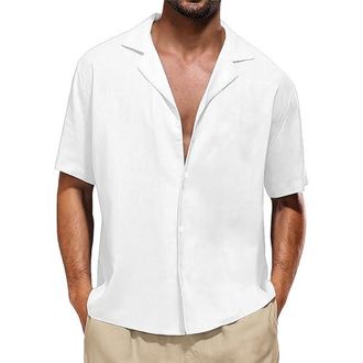 Generic Chemise en coton et lin pour homme Henley Gym Tops d&eacute;contract&eacute;s et &agrave; la mode couleur unie revers ample manches courtes coton lin chemise respirante tu