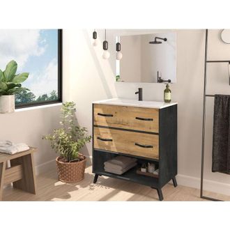 PEGANE Pegane - Meuble Vasque avec miroir coloris Marbre / chêne doré - Hauteur 90 x Longueur 81 x Profondeur 47 cm