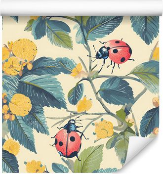 OEM Carta Da Parati Con Coccinelle, Color Crema E Turchese, Per Soggiorno E Camera Da Letto, 50x1000 Cm