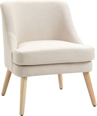 HOMCOM Fauteuil lounge design scandinave pieds effilés bois massif hévéa revêtement tissu polyester aspect lin beige