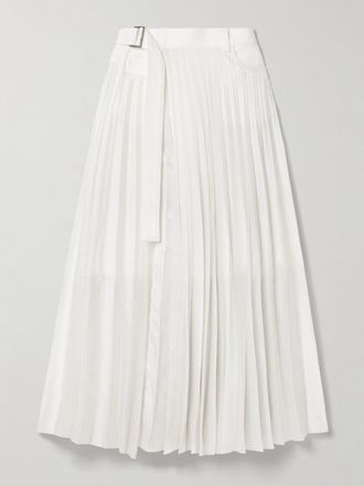 sacai Midi-wickelrock Aus Satin Mit Denim-bes&auml;tzen, Plissee Und G&uuml;rtel - Wollwei&szlig;