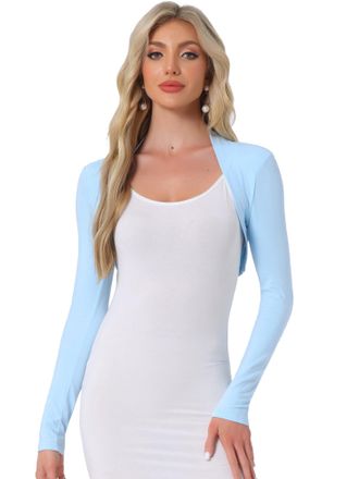 Allegra K Damen Bolero Langarm Festlich Crop Strick Jacke Einfarbig Baumwolle Elegant Schulterjacke Hell Blau L