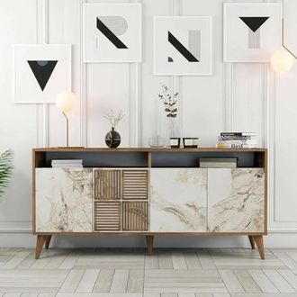 Dmora Sideboard Rotanev 160x35x78h cm Braun, 2 B&ouml;den, 6 F&auml;cher