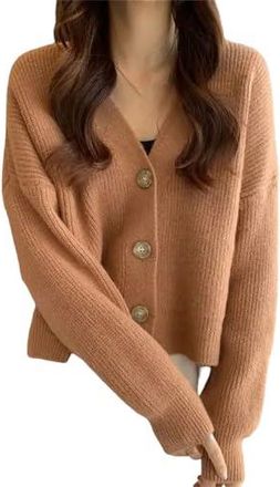 Generic Cardigan cor&eacute;en vert &agrave; manches longues et col en V pour femme, Orange, Taille XL