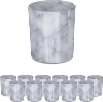 Relaxdays Teelichtgl&auml;ser, 12er Set, Marmor-Optik, Teelichthalter Glas, H x D: 8,5 x 7 cm, dekorative Kerzengl&auml;ser, grau