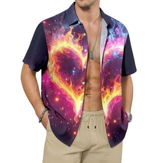 Generic Chemise de Saint-Valentin pour homme, imprim&eacute; coeur, chemise d&eacute;contract&eacute;e boutonn&eacute;e &agrave; manches courtes | pour les vacances de rendez-vous, Coeur enflam