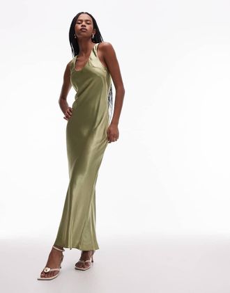 Topshop Robe longue en satin coup&eacute; en biais &agrave; dos nageur - Olive-Vert