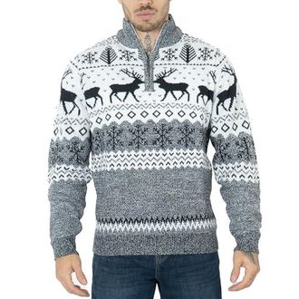 Noroze Christmas Mens Jumpers | Nordic Style Knitted Lightweight Reindeer Printed Jumper | Quarter Zip Crew Neck Long Sleeve Pullover Top | Christmas Jumper 