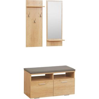 HOMCOM Ensemble de meuble dentr&eacute;e - vestiaire dentr&eacute;e 3 en 1 - miroir, porte-manteau, banc &agrave; chaussures - aspect bois clair gris