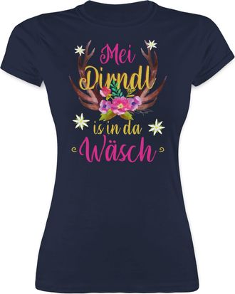 Shirtracer Shirt Damen - Kompatibel mit Oktoberfest - MEI Dirndl is in da W&auml;sch - Hirschgeweih - XL - Navy Blau - der trachtenshirt bayrische Hirsch Tshirt Trach