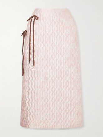 Simone Rocha Bow-detailed Chenille-trimmed Quilted Printed Satin Midi Skirt - Pink