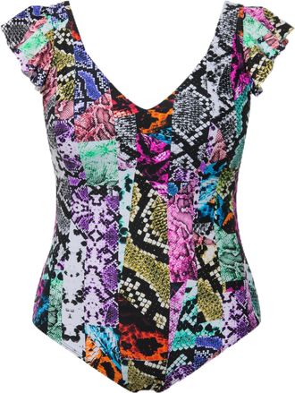 Ulla Popken Damen große Größen Übergrößen Plus Size Badeanzug, Mustermix, Softcups, Flügelärmel schwarz 54 827684100-54